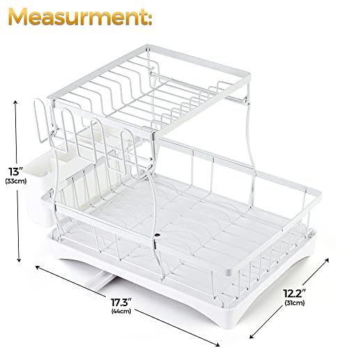 Dish Drying Rack for Kitchen Counter, 2-Tier Dish Racks with Drainboard, Large Capacity Dish Drainer Organizer Shelf with Utensil Holder, Wine Glass Holder（White）