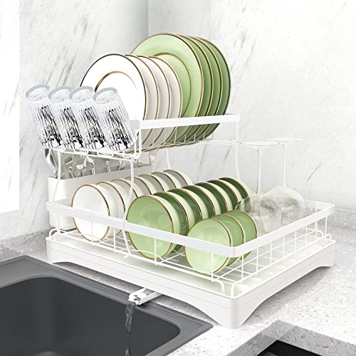 Dish Drying Rack for Kitchen Counter, 2-Tier Dish Racks with Drainboard, Large Capacity Dish Drainer Organizer Shelf with Utensil Holder, Wine Glass Holder（White）