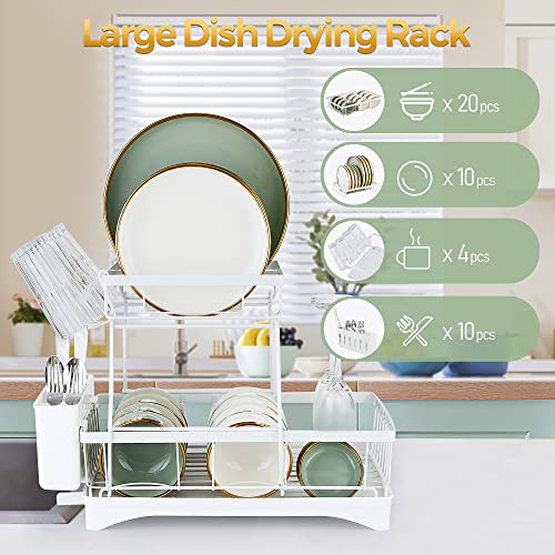 Dish Drying Rack for Kitchen Counter, 2-Tier Dish Racks with Drainboard, Large Capacity Dish Drainer Organizer Shelf with Utensil Holder, Wine Glass Holder（White）