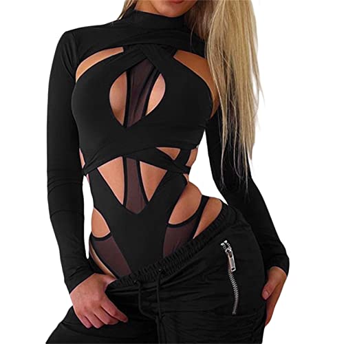 Women Slim One Piece Jumpsuit Long Sleeve Mock Neck Sheer Mesh Leotard Top Cut Out Bodysuit for Rave Party Club (Black, S)