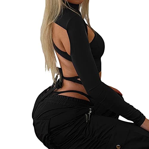 Women Slim One Piece Jumpsuit Long Sleeve Mock Neck Sheer Mesh Leotard Top Cut Out Bodysuit for Rave Party Club (Black, S)