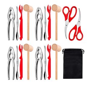 19pcs seafood tool set nut cracker set include 4 lobster crab mallets, 4 crab crackers, 4 lobster shellers, 4 crab leg forks/picks, 2 seafood scissors& storage bag