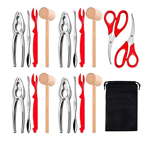 19Pcs Seafood Tool Set Nut Cracker Set Include 4 lobster crab mallets, 4 crab crackers, 4 Lobster Shellers, 4 crab leg forks/picks, 2 Seafood Scissors& Storage Bag