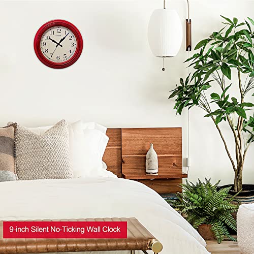 OCEST 9-Inch Retro Red Small Kitchen Wall Clock, Silent Non Ticking Battery Operated Home Decorative Round Quartz Wall Clock, Easy to Read Clock for Livingroom, Bedroom, Bathroom, Office, Reading Room