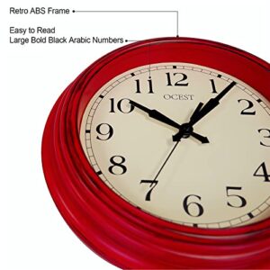 OCEST 9-Inch Retro Red Small Kitchen Wall Clock, Silent Non Ticking Battery Operated Home Decorative Round Quartz Wall Clock, Easy to Read Clock for Livingroom, Bedroom, Bathroom, Office, Reading Room