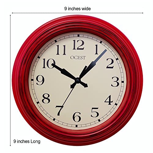 OCEST 9-Inch Retro Red Small Kitchen Wall Clock, Silent Non Ticking Battery Operated Home Decorative Round Quartz Wall Clock, Easy to Read Clock for Livingroom, Bedroom, Bathroom, Office, Reading Room