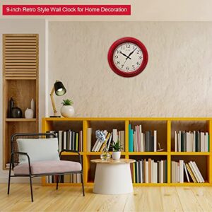 OCEST 9-Inch Retro Red Small Kitchen Wall Clock, Silent Non Ticking Battery Operated Home Decorative Round Quartz Wall Clock, Easy to Read Clock for Livingroom, Bedroom, Bathroom, Office, Reading Room