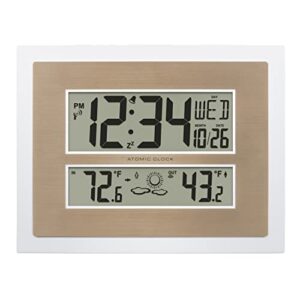 la crosse technology 512-14937-int atomic digital wall clock with temperature & forecast in white/champagne