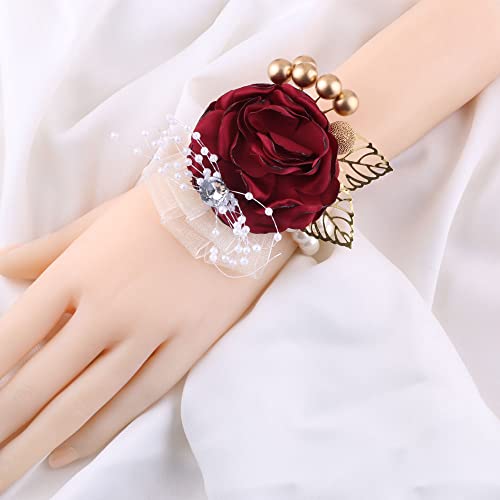 WANLIAN Rose Wrist Corsage Wristlet Band Bracelet Boutonniere,Wrist Corsage Hand Flowers Decor for Wedding Bridal Prom Party Accessories (red 2)