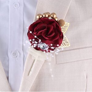 WANLIAN Rose Wrist Corsage Wristlet Band Bracelet Boutonniere,Wrist Corsage Hand Flowers Decor for Wedding Bridal Prom Party Accessories (red 2)