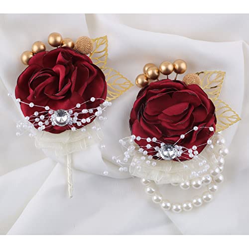 WANLIAN Rose Wrist Corsage Wristlet Band Bracelet Boutonniere,Wrist Corsage Hand Flowers Decor for Wedding Bridal Prom Party Accessories (red 2)