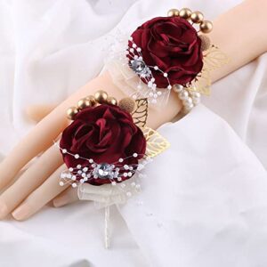 WANLIAN Rose Wrist Corsage Wristlet Band Bracelet Boutonniere,Wrist Corsage Hand Flowers Decor for Wedding Bridal Prom Party Accessories (red 2)