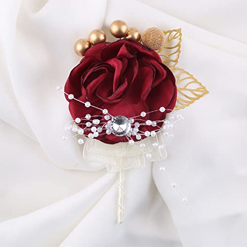 WANLIAN Rose Wrist Corsage Wristlet Band Bracelet Boutonniere,Wrist Corsage Hand Flowers Decor for Wedding Bridal Prom Party Accessories (red 2)