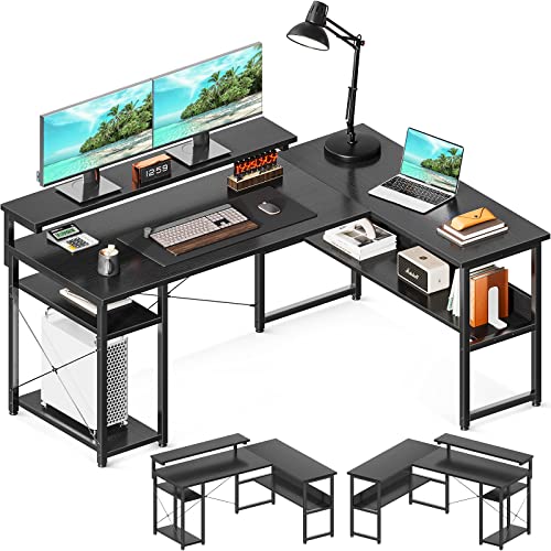 ODK L Shaped Computer Desk, 54" Reversible Corner Computer Desk with Storage Shelves & Monitor Stand, Home Office Desk, Gaming Desk, Writing Desk, Black