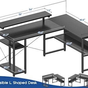 ODK L Shaped Computer Desk, 54" Reversible Corner Computer Desk with Storage Shelves & Monitor Stand, Home Office Desk, Gaming Desk, Writing Desk, Black