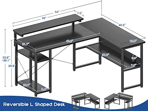 ODK L Shaped Computer Desk, 54" Reversible Corner Computer Desk with Storage Shelves & Monitor Stand, Home Office Desk, Gaming Desk, Writing Desk, Black