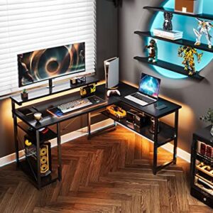 ODK L Shaped Computer Desk, 54" Reversible Corner Computer Desk with Storage Shelves & Monitor Stand, Home Office Desk, Gaming Desk, Writing Desk, Black