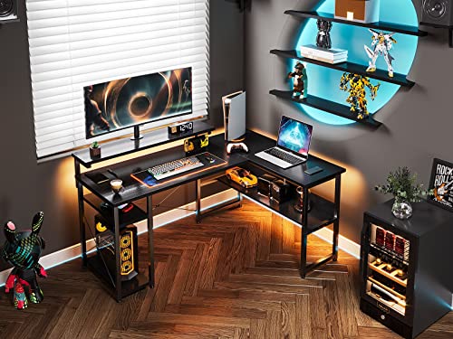 ODK L Shaped Computer Desk, 54" Reversible Corner Computer Desk with Storage Shelves & Monitor Stand, Home Office Desk, Gaming Desk, Writing Desk, Black