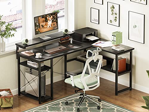 ODK L Shaped Computer Desk, 54" Reversible Corner Computer Desk with Storage Shelves & Monitor Stand, Home Office Desk, Gaming Desk, Writing Desk, Black