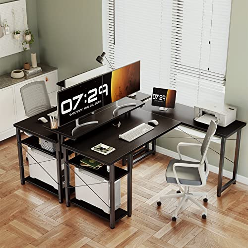 ODK L Shaped Gaming Desk, 53'' Corner Computer Desk with Monitor Stand & Storage Shelf, Sturdy Home Office Work Writing Table, Black