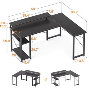 ODK L Shaped Gaming Desk, 53'' Corner Computer Desk with Monitor Stand & Storage Shelf, Sturdy Home Office Work Writing Table, Black