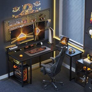 ODK L Shaped Gaming Desk, 53'' Corner Computer Desk with Monitor Stand & Storage Shelf, Sturdy Home Office Work Writing Table, Black