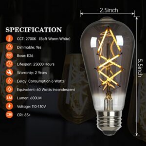 Dimmable LED Edison Light Bulbs, Smoky Grey Vintage Lightbulbs 60 Watt Equivalent 2700K Soft Warm White, ST64 600LM Vanity Light Bulbs With E26 Base for Bathroom, Bedroom, Living Room and Kitchen