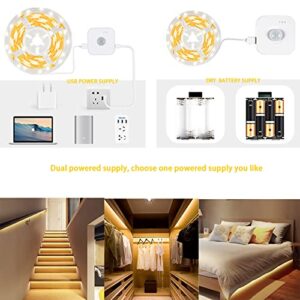 Motion Sensor LED Light Strip with Dual Power Supply and Auto Shut-Off Timer, Night Light, Motion Activated Waterproof LED Strip Light for Kitchen, Cabinet, Bedroom, Shelf, Bed Warm White 3000K