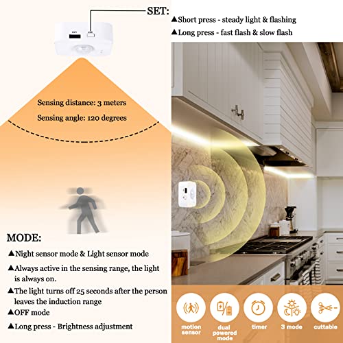 Motion Sensor LED Light Strip with Dual Power Supply and Auto Shut-Off Timer, Night Light, Motion Activated Waterproof LED Strip Light for Kitchen, Cabinet, Bedroom, Shelf, Bed Warm White 3000K