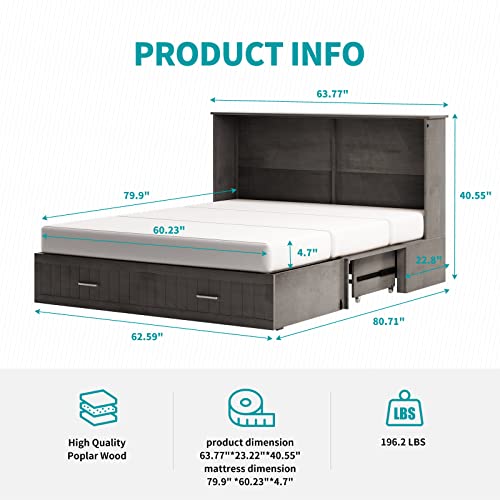 BALUS Murphy Bed Cabinet with Mattress,Modern Muti-Functional Cube Cabinet Bed with USB Charging Station&2 Large Drawers&3 Level Folding Foam Mattress for Living Room/Apartment/Loft,Queen (Stone Grey)