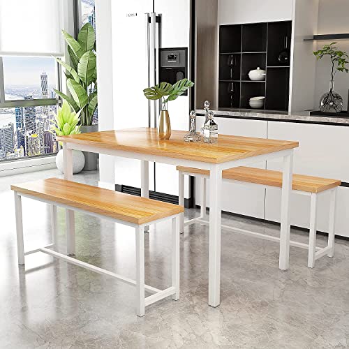 AWQM Dining Table Set for 4, Kitchen Table Set with 2 Benches, 47.2Inch 3-Piece Dining Room Table Set with Metal Frame and MDF Board, Sturdy Structure, Space-Saving, Oak