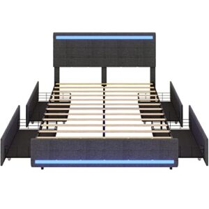 ADORNEVE LED Full Size Bed Frame with Storage Drawers, Platform Bed Frame with 2 USB Ports, Upholstered Bed with LED Lights Headboard Footboard, Square Stitched Button Tufted Design, Dark Grey