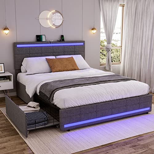 ADORNEVE LED Full Size Bed Frame with Storage Drawers, Platform Bed Frame with 2 USB Ports, Upholstered Bed with LED Lights Headboard Footboard, Square Stitched Button Tufted Design, Dark Grey