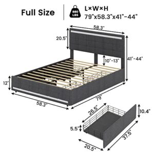 ADORNEVE LED Full Size Bed Frame with Storage Drawers, Platform Bed Frame with 2 USB Ports, Upholstered Bed with LED Lights Headboard Footboard, Square Stitched Button Tufted Design, Dark Grey