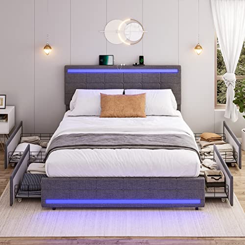 ADORNEVE LED Full Size Bed Frame with Storage Drawers, Platform Bed Frame with 2 USB Ports, Upholstered Bed with LED Lights Headboard Footboard, Square Stitched Button Tufted Design, Dark Grey