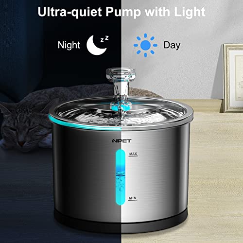 NPET WF210 Cat Water Fountain Stainless Steel, 50oz/1.5L Dishwasher Safe Pet Water Fountain with Visible Window, Ultra Quiet Automatic Cat Water Dispenser with Light for Cats Inside(Without Adapter)