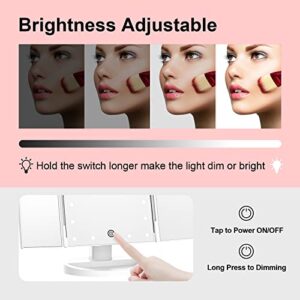 Vanity Mirror with Lights, Lighted Makeup Mirror with 2X 3X 10X Magnification, 21 LED Trifold Compact Touch Dimming Light Up Mirror, Dual Power Supply, Gifts for Women (White)