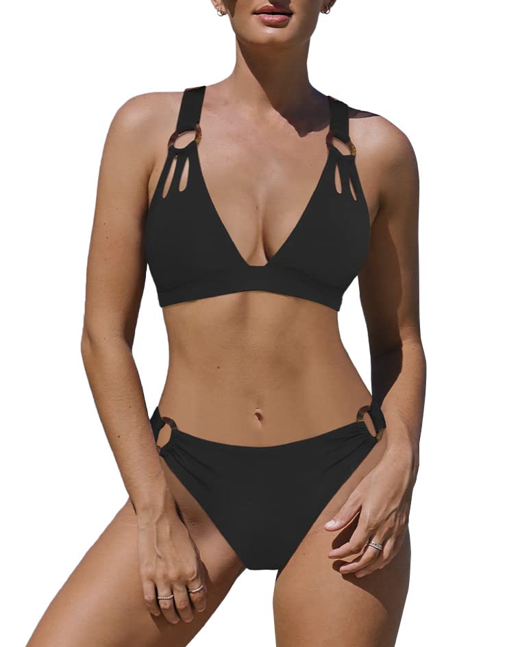 Roselychic Bikini Sets for Women Two Piece Swimsuit High Waisted Cutout Bathing Suits Solid V Neck Swimwear