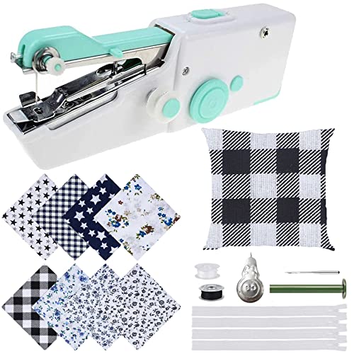 Handheld Sewing Machine Kit for Beginner, Include 8 Pcs 20''x20''/50x50cm Cotton Fabric Sheets for Cushion Pillow, Portable, Easy to Use with Instruction, Family Necessities