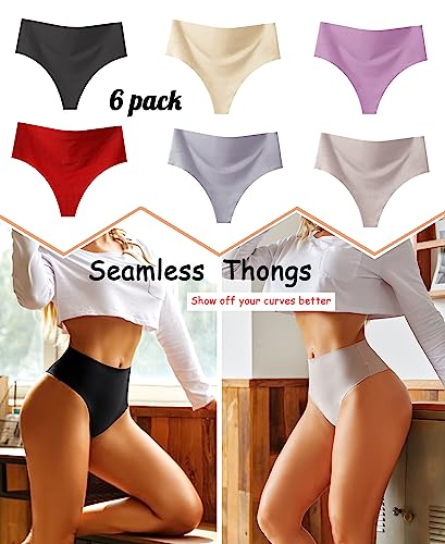 Knowyou High Waisted Thongs for Women Seamless Underwear for Women No Show Sexy Breathable Panties for Laides 6 Pack