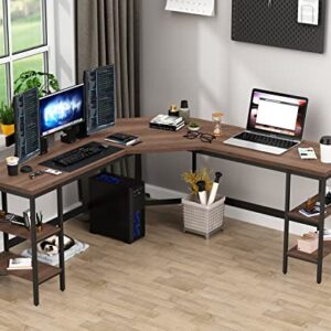 Yongchuang L Shaped Desk with Storage, Large Home Office L-Shaped Computer Desk with Shelves Reversible Corner Desk 69" Writing Table Workstation Industrial Study Desk Brown Wood Top