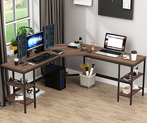 Yongchuang L Shaped Desk with Storage, Large Home Office L-Shaped Computer Desk with Shelves Reversible Corner Desk 69" Writing Table Workstation Industrial Study Desk Brown Wood Top