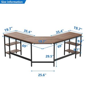 Yongchuang L Shaped Desk with Storage, Large Home Office L-Shaped Computer Desk with Shelves Reversible Corner Desk 69" Writing Table Workstation Industrial Study Desk Brown Wood Top