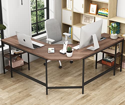 Yongchuang L Shaped Desk with Storage, Large Home Office L-Shaped Computer Desk with Shelves Reversible Corner Desk 69" Writing Table Workstation Industrial Study Desk Brown Wood Top