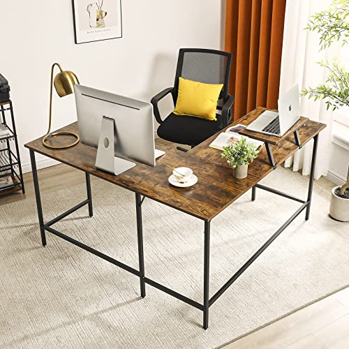 YMYNY L Shaped Computer Desk, Industrial Corner Table for Home Office, PC Laptop Workstation, Study Writing Gaming Table with Monitor Stand, Easy to Assemble, Rustic Brown, UHTMJ052H