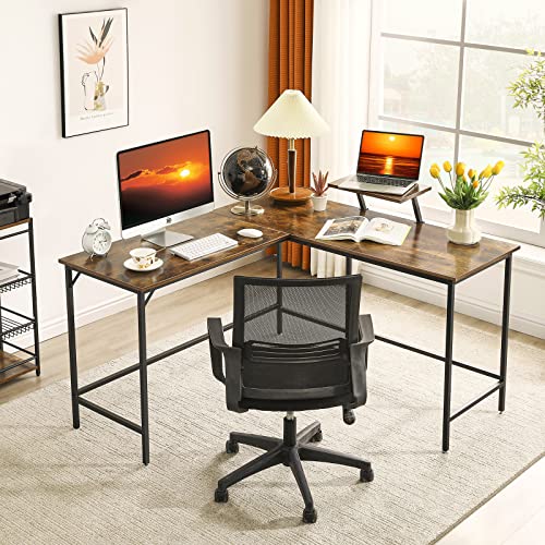 YMYNY L Shaped Computer Desk, Industrial Corner Table for Home Office, PC Laptop Workstation, Study Writing Gaming Table with Monitor Stand, Easy to Assemble, Rustic Brown, UHTMJ052H