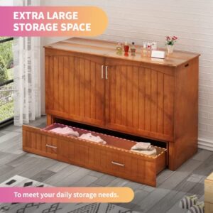 Mixoy Queen Size Murphy Bed with Foam Mattress, Cabinet Bed with Charging Station, Murphy Bed Chest with Large Drawer (Style2, Cherry)