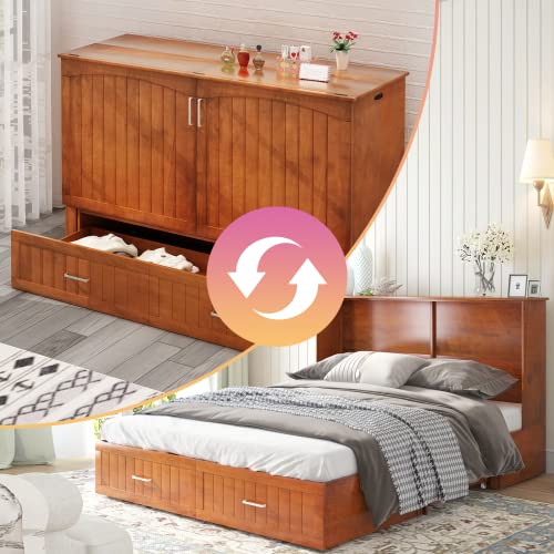 Mixoy Queen Size Murphy Bed with Foam Mattress, Cabinet Bed with Charging Station, Murphy Bed Chest with Large Drawer (Style2, Cherry)