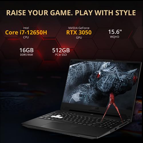 ASUS 2022 TUF F15 15.6" WQHD 144Hz Gaming Laptop, Intel 12th Core i7-12650H, NVIDIA GeForce RTX 3050 Graphics, 16GB DDR5 RAM, 512GB PCIe SSD, Backlit Keyboard, Win 11, Black, 32GB USB Card