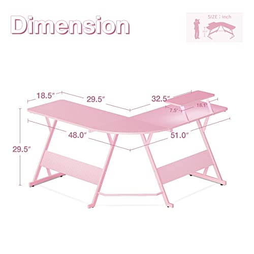 MOTPK Pink Gaming Desk with LED Lights, Carbon Fiber L Shaped Gaming Desk, Corner Gaming Table L Shape, Gamer Desk with Monitor Stand & Cup Holder & Headphone Hook, 51 Inch, for Women & Girls Gift